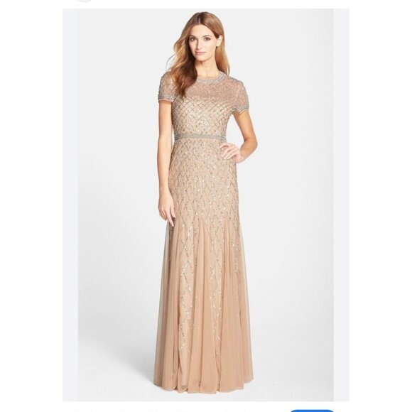 Adrianna Papell | Dresses | Adrianna Papell Beaded Sequin Gown Floor Maxi Length Sheer Neckline ...